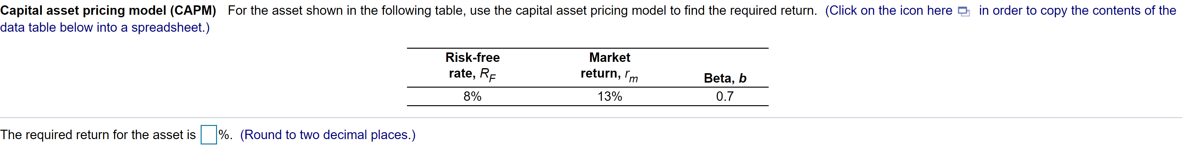 Solved Capital asset pricing model (CAPM) For the asset | Chegg.com