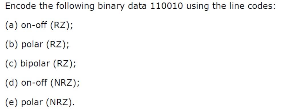 Solved Encode the following binary data 110010 using the | Chegg.com