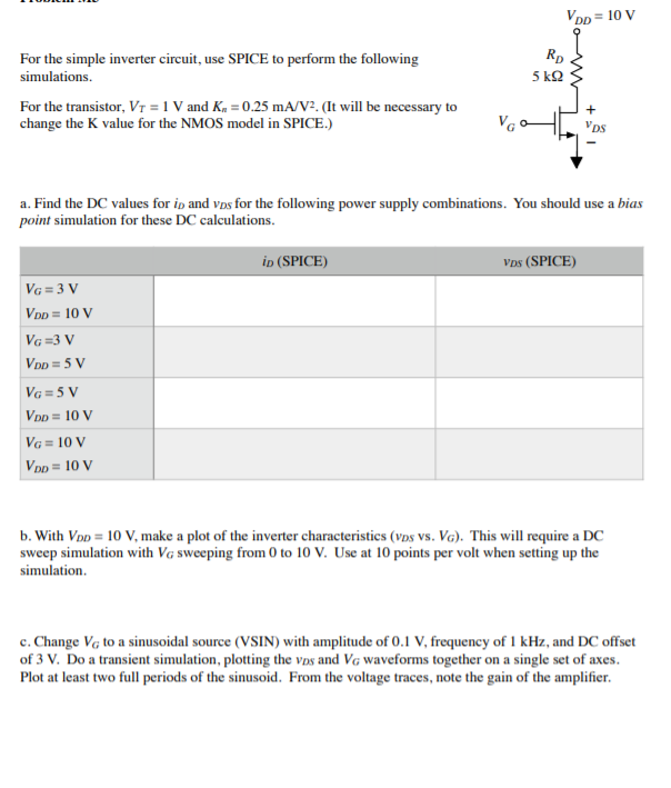 Solved VDD- 10 V For the simple inverter circuit, use SPICE | Chegg.com