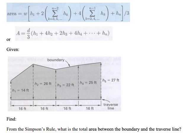 Solved area =w[h1+2(∑k=3,5,…n−2hk)+4(∑k=2,4,…n−1hk)+hn]/3 | Chegg.com