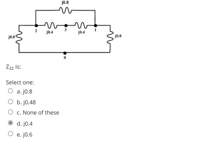 Solved 2 j0.4 j0.8 n 3 j0.8 Z32 is: Select one: O a. jo.8 O | Chegg.com