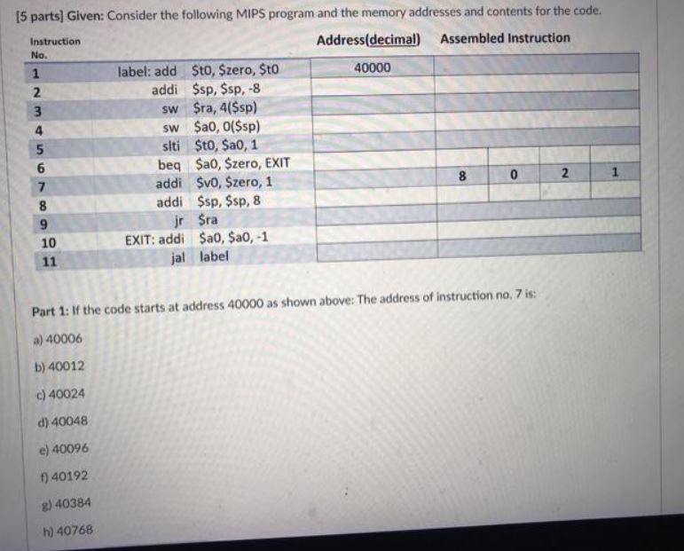 [5 parts) Given: Consider the following MIPS program | Chegg.com