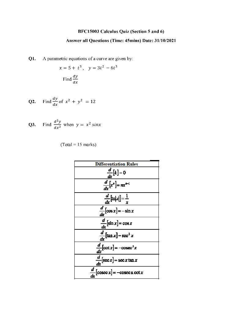 Solved BFC15003 Calculus Quiz (Section 5 and 6) Answer all | Chegg.com