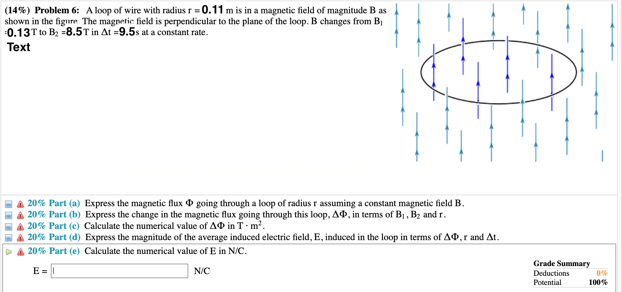 Solved (14\%) Problem 6: A loop of wire with radius r=0.11 m | Chegg.com