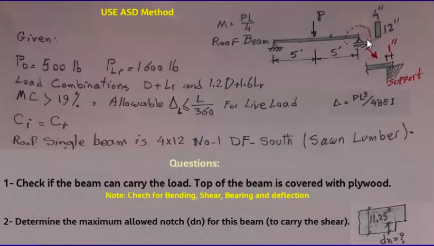 USE ASD Method Given PL M2 M= Roof Beam [112" Po=500 | Chegg.com