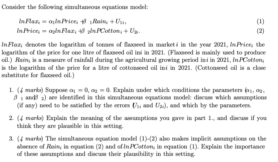 Solved Consider the following simultaneous equations model: | Chegg.com