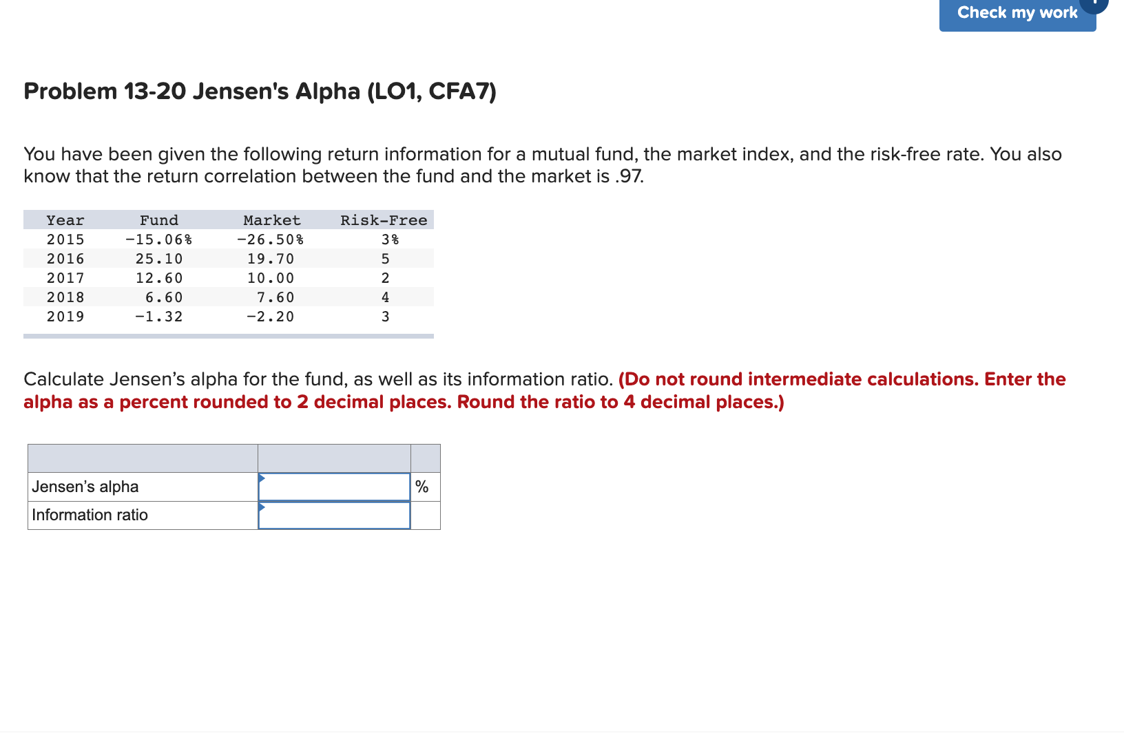 Problem 13-20 Jensen's Alpha (LO1, CFA7) You have | Chegg.com