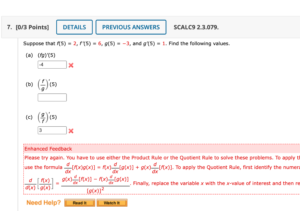 Solved Suppose that f(5)=2,f′(5)=6,g(5)=−3, and g′(5)=1. | Chegg.com