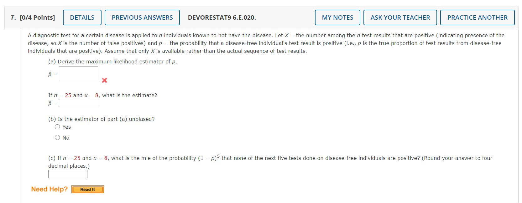 Solved 7. [0/4 Points] DETAILS PREVIOUS ANSWERS DEVORESTAT9 | Chegg.com