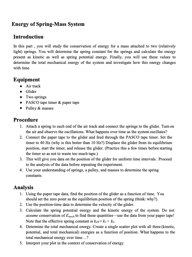 Solved Energy of Spring-Mass System Introduction In this | Chegg.com