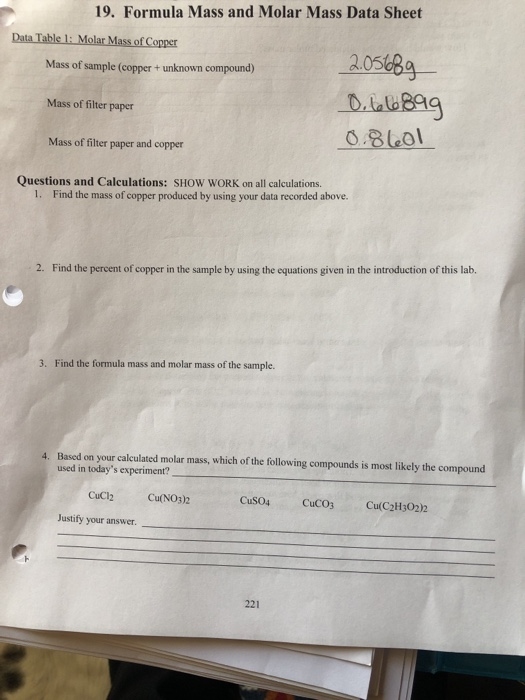 19. Formula Mass and Molar Mass Data Sheet Data Table | Chegg.com
