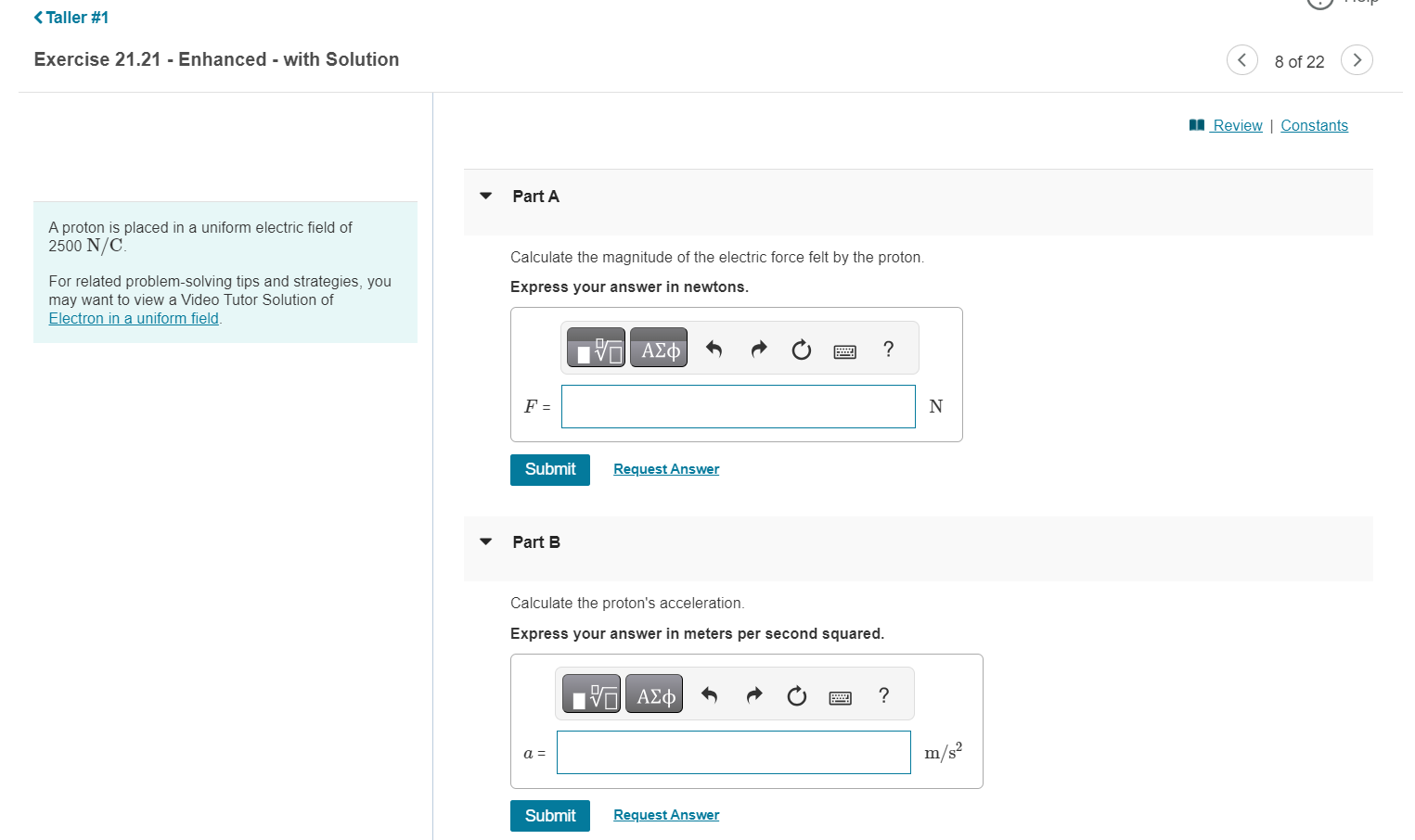 Solved Exercise 21.21 - Enhanced - with Solution A proton is | Chegg.com