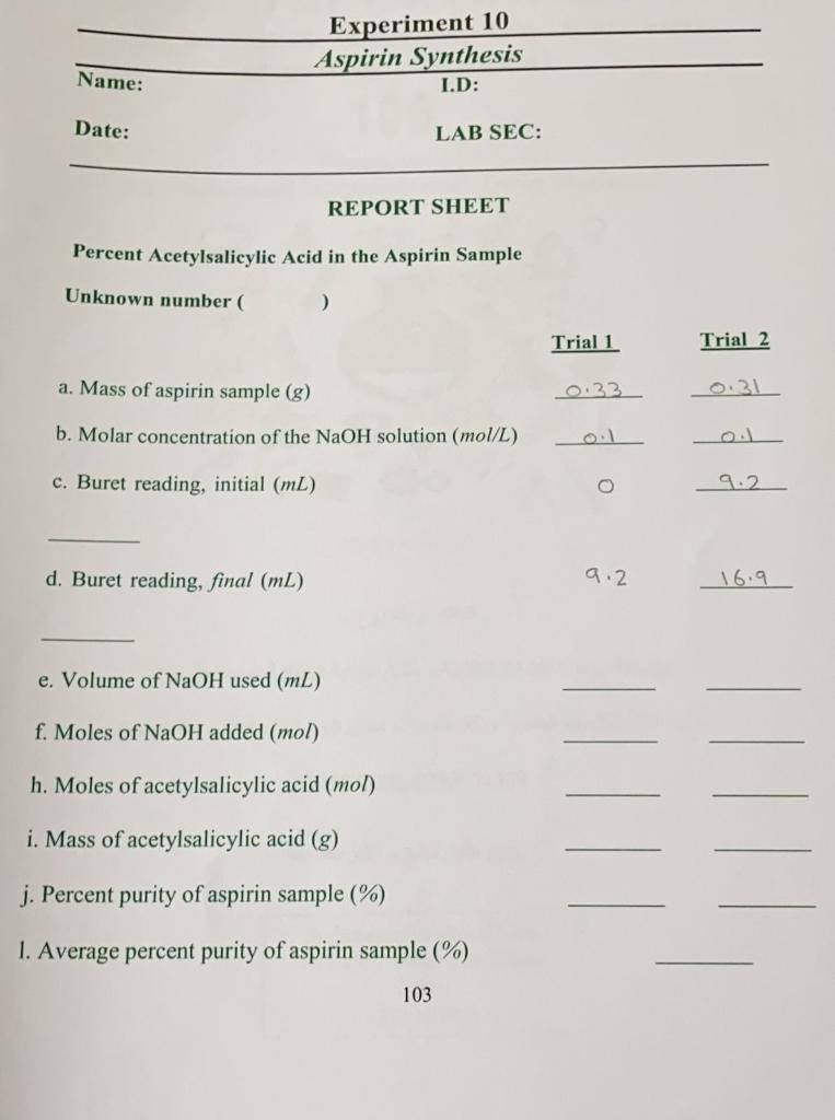 Solved Experiment 10 Aspirin Synthesis Name: I.D: Date: LAB | Chegg.com