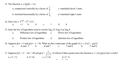 Solved 13. The function y log4x-3 is a compressed vertically | Chegg.com