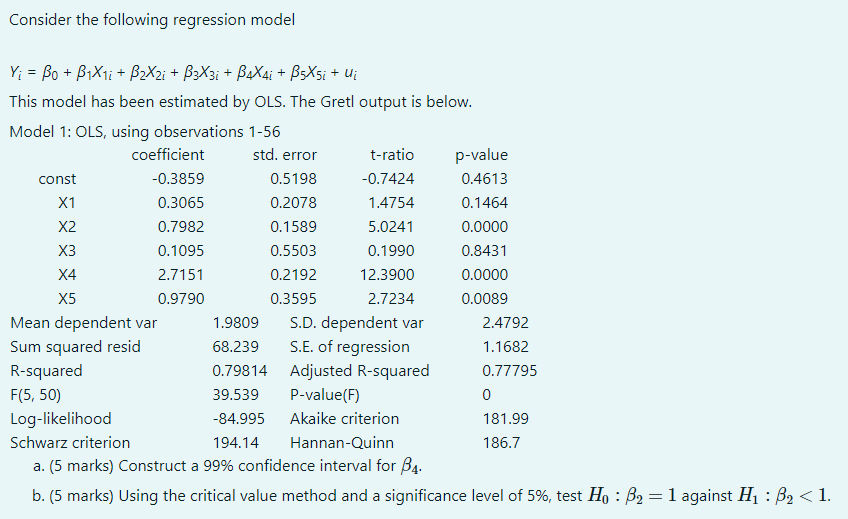 Solved Consider the following regression model Y; = Bo + | Chegg.com
