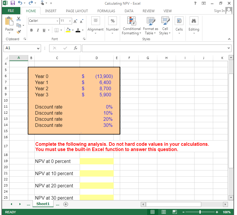 Solved KD $ = Calculating NPV - Excel ? X 1 FILE HOME INSERT | Chegg.com