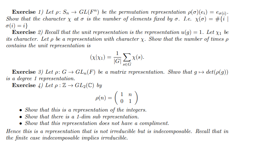 Solved Exercise 1) Let ρ:Sn→GL(Fn) be the permutation | Chegg.com