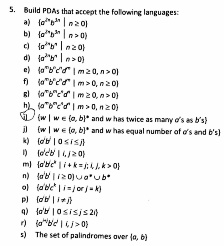 5. Build PDAs that accept the following languages: a) | Chegg.com