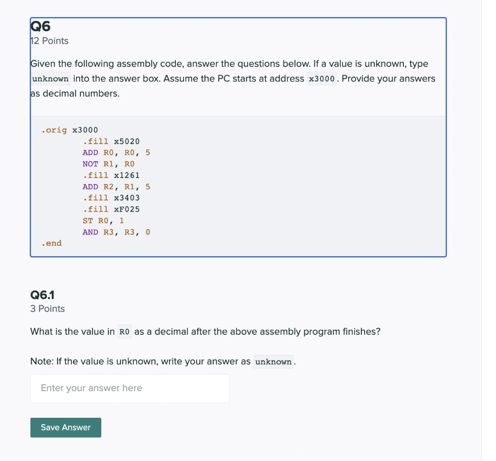 Q6 12 Points Given the following assembly code, | Chegg.com
