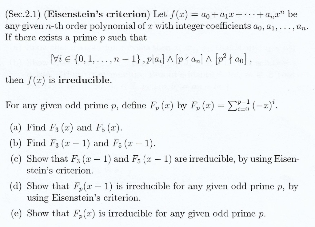 Solved (Sec.2.1) (Eisenstein's criterion) Let f(x) = ao+a1x+ | Chegg.com