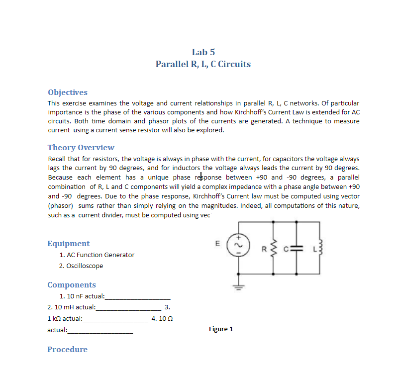 Lab 5 Parallel R, L, C Circuits Objectives This | Chegg.com