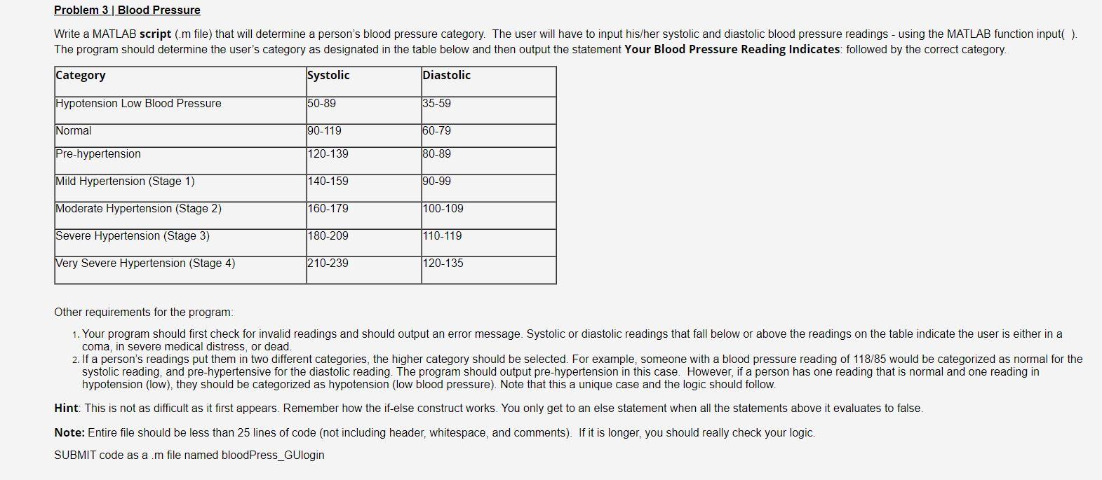 Solved Problem 3 Blood Pressure Write a MATLAB script (m | Chegg.com