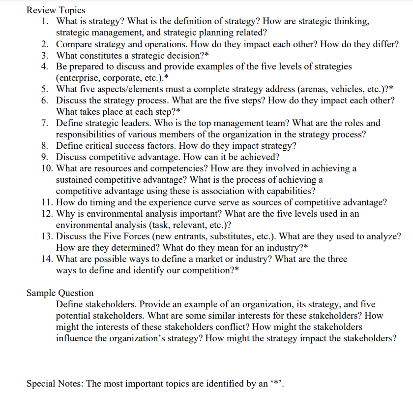 Solved Review Topics 1. What is strategy? What is the | Chegg.com