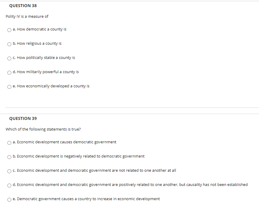 Solved QUESTION 38 Polity IV is a measure of a. How | Chegg.com