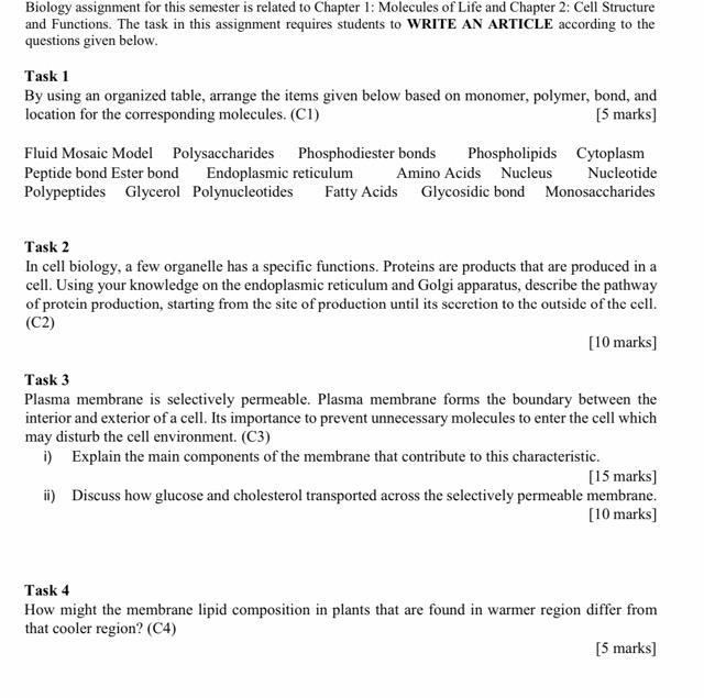 Biology assignment for this semester is related to | Chegg.com