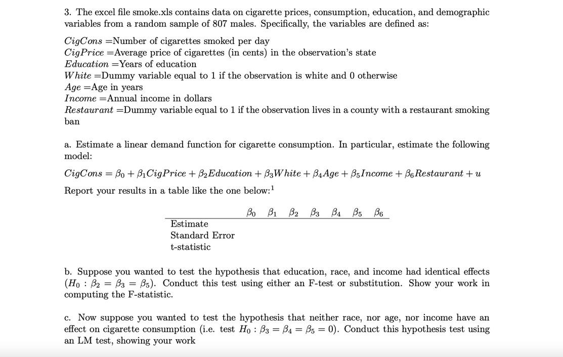 3. The excel file smoke.xls contains data on | Chegg.com