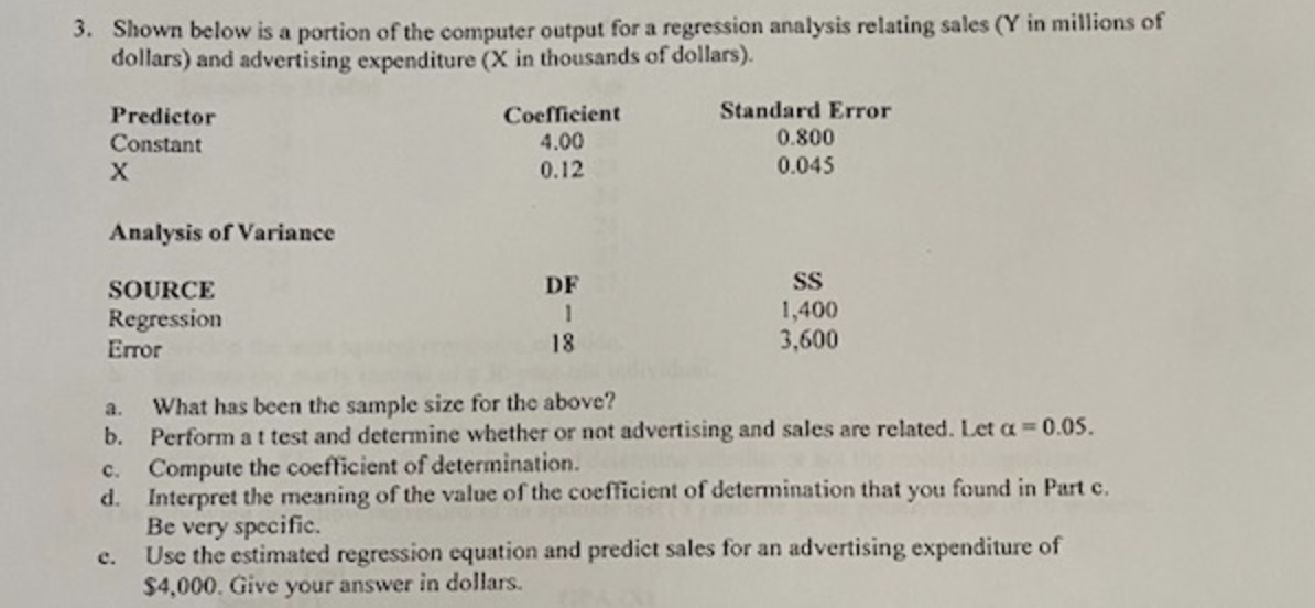 Solved 3. Shown below is a portion of the computer output | Chegg.com