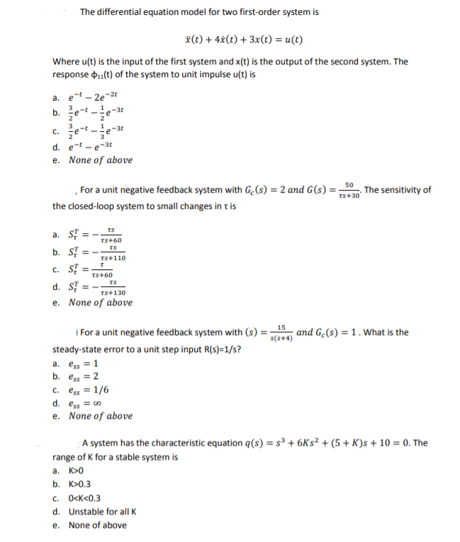 Solved The differential equation model for two first-order | Chegg.com