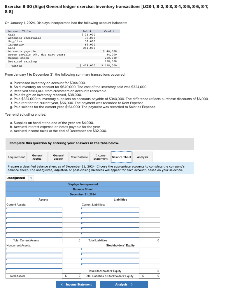 Solved Exercise 8-30 (Algo) General ledger exercise; | Chegg.com