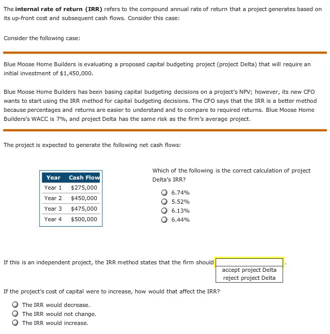 Solved The internal rate of return (IRR) refers to the | Chegg.com