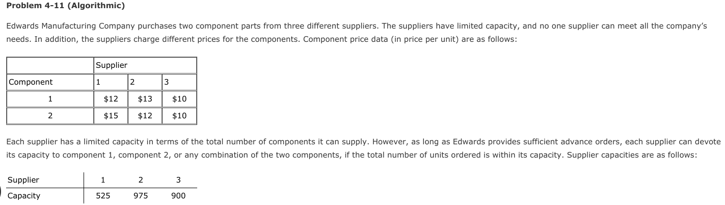 Solved Problem 4-11 (Algorithmic) Edwards Manufacturing | Chegg.com
