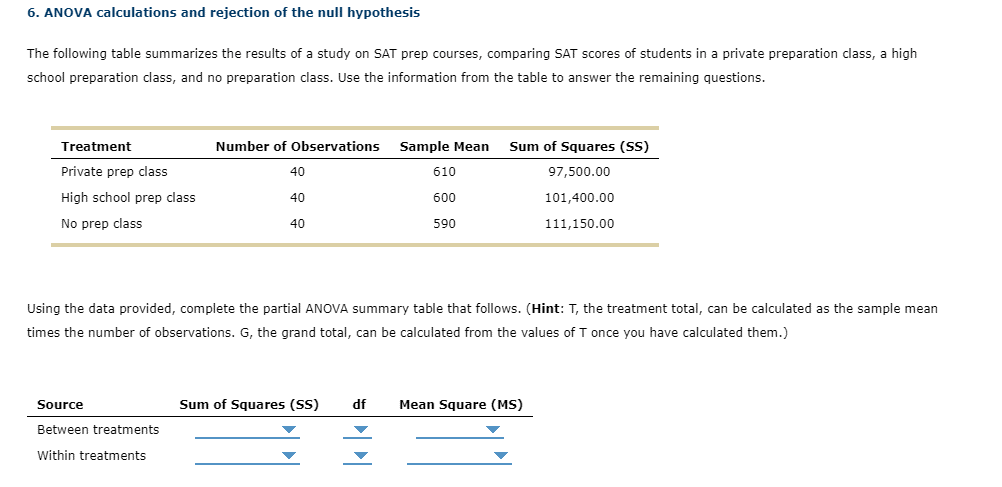 Solved 6. ANOVA calculations and rejection of the null | Chegg.com