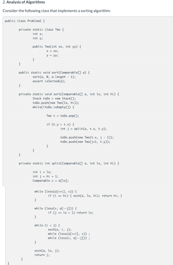 2. Analysis of Algorithms Consider the following | Chegg.com