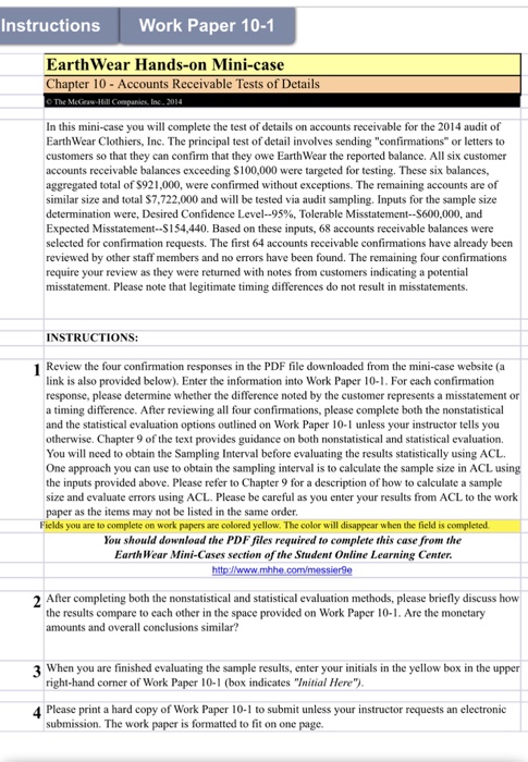Instructions Work Paper 10-1 EarthWear Hands-on | Chegg.com