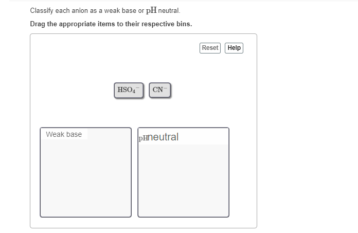 Solved Classify each anion as a weak base or pH neutral. | Chegg.com