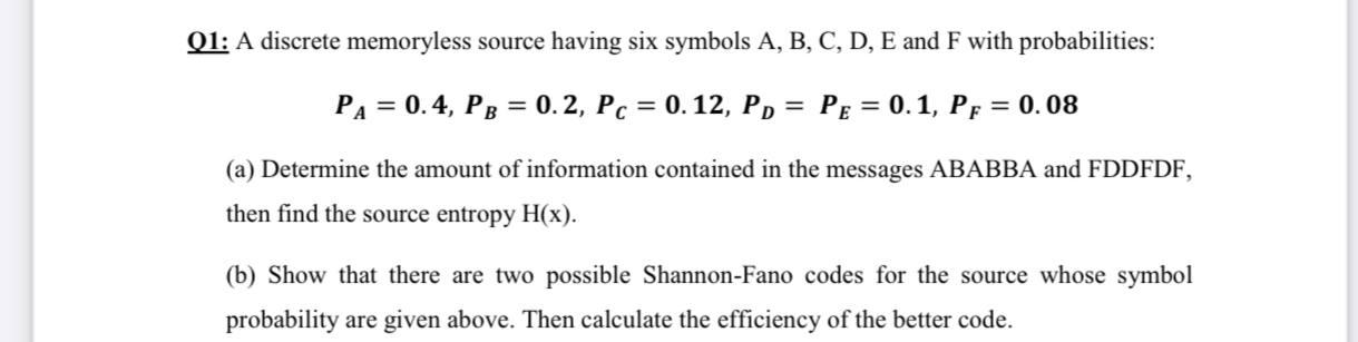 Solved 01: A discrete memoryless source having six symbols | Chegg.com