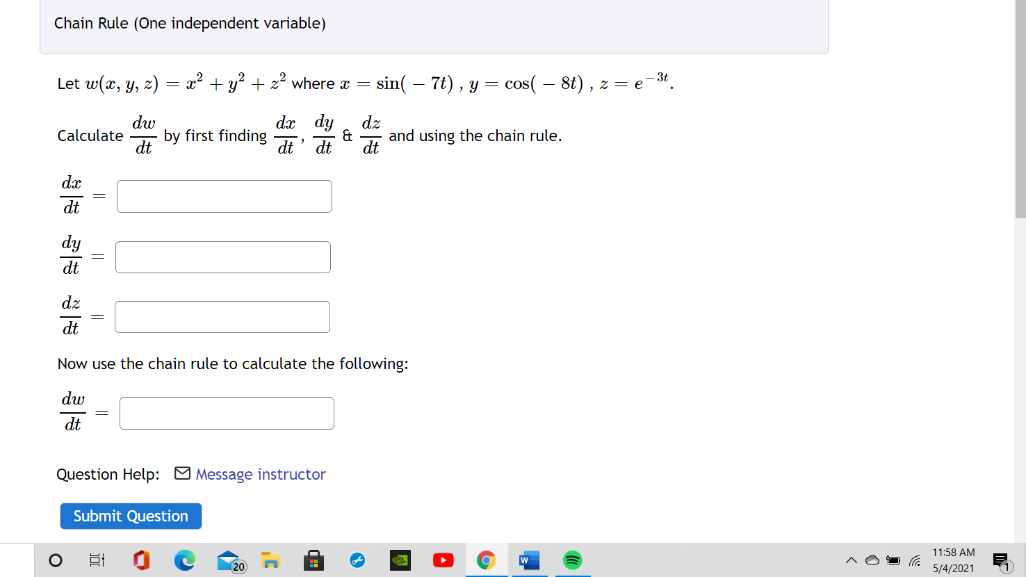 Solved Chain Rule (One independent variable) Let w(x, y, z) | Chegg.com
