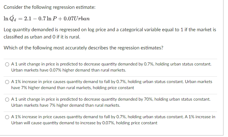 Solved Consider the following regression estimate: In Qd = | Chegg.com