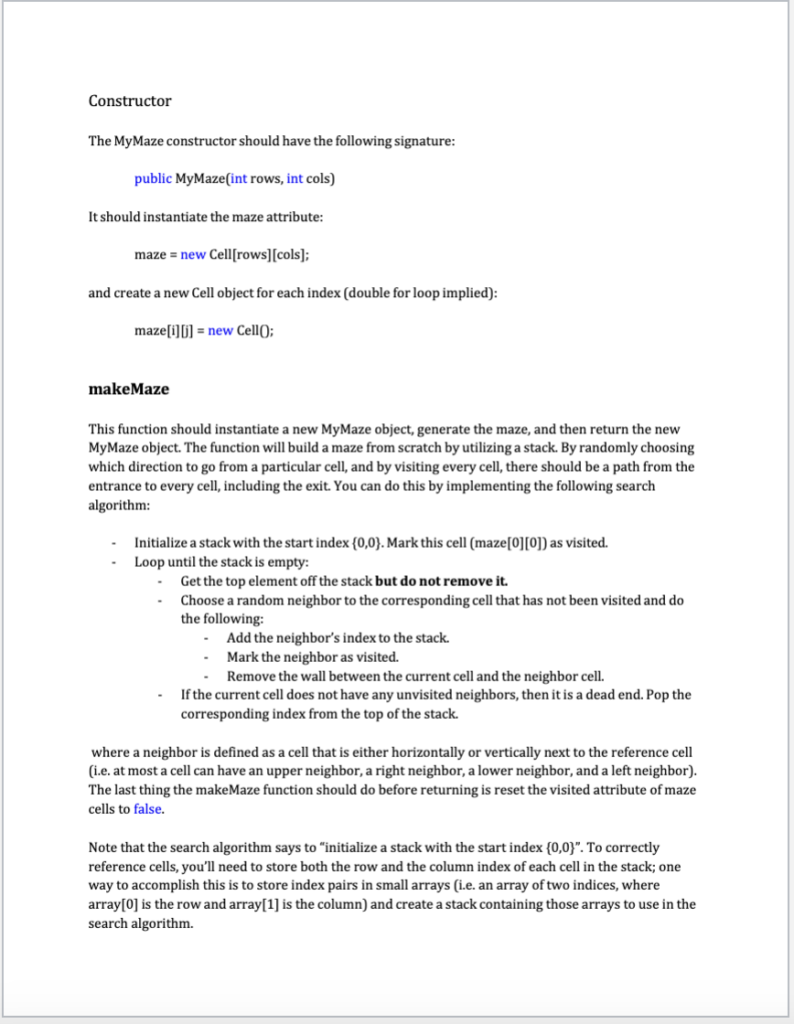 Solved Constructor The MyMaze constructor should have the | Chegg.com