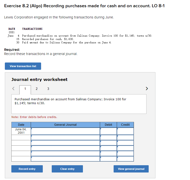Solved Exercise 8.2 (Algo) Recording purchases made for cash | Chegg.com