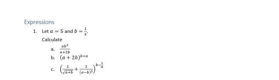 Solved Expressions 1. Let a = 5 and b = Calculate ab2 a. | Chegg.com