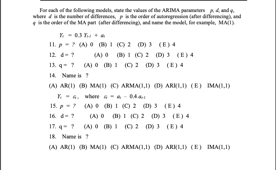 Solved For each of the following models, state the values of | Chegg.com