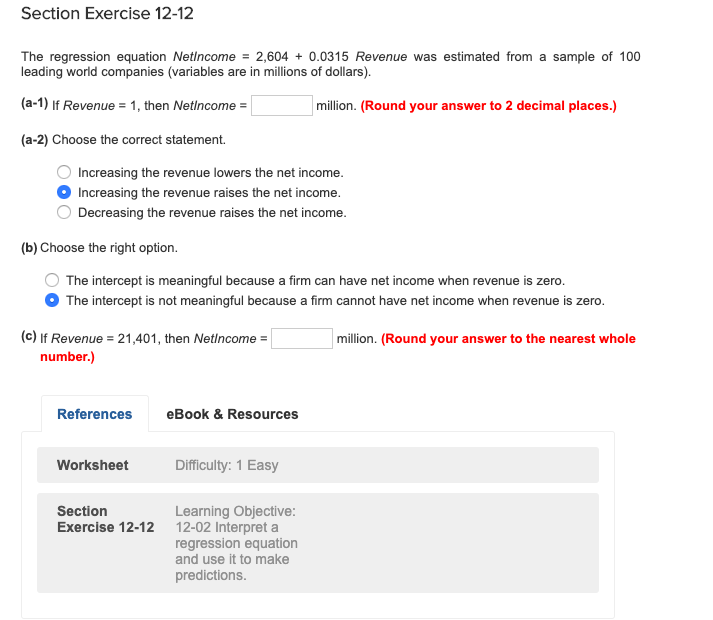 Solved Section Exercise 12-12 The regression equation | Chegg.com