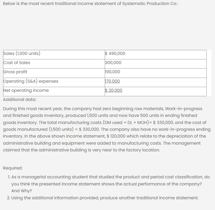 Solved Below is the most recent traditional income statement | Chegg.com