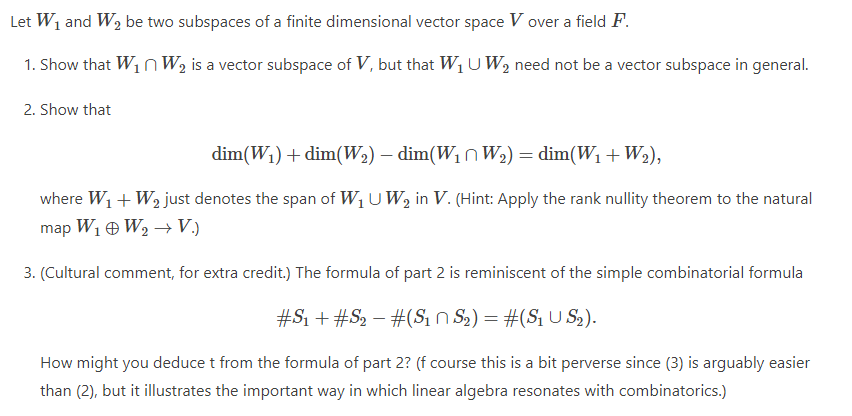 Solved Let W and W, be two subspaces of a finite dimensional | Chegg.com