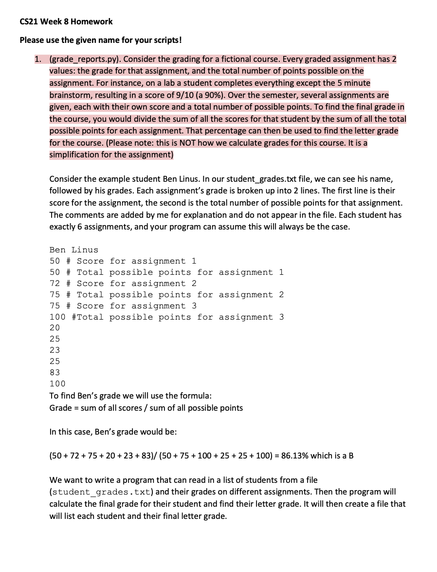 Solved 1. (grade_reports.py). Consider the grading for a | Chegg.com